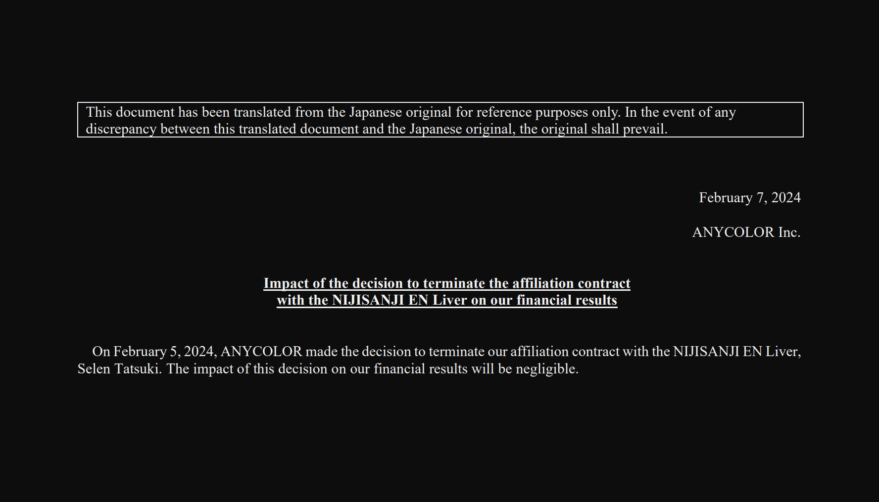 La résiliation de Selen Tatsuki suscite la controverse ; Nijisanji affirme que cela aura des ...